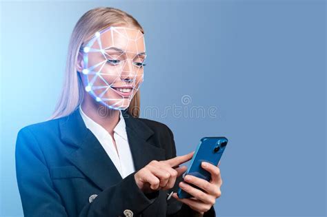 Businesswoman Finger Touch Smartphone Smiling And Using Biometric Scanning Stock Image Image