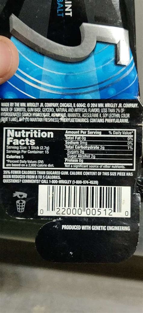 Wrigleys 5 Gum Sugarfree Peppermint Cobalt Calories Nutrition