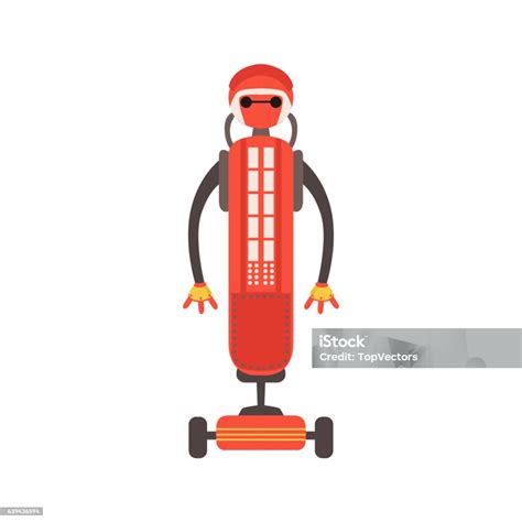 바퀴 달린 플랫폼에 빨간 친화적 인 안드로이드 로봇 캐릭터 과학에 대한 스톡 벡터 아트 및 기타 이미지 과학 관사 기계 부분 Istock