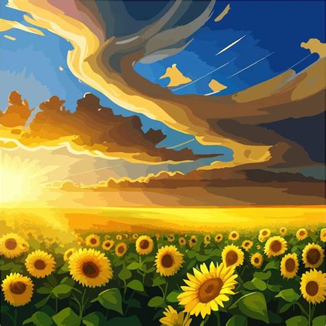Grandes Girassóis De Campo Com Fundo Do Céu Ilustração Vetorial Natureza Na Agricultura De Dia