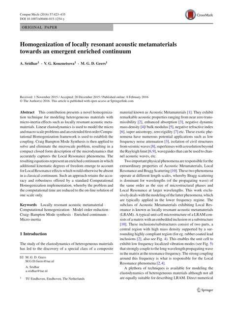 Pdf Homogenization Of Locally Resonant Acoustic Metamaterials Towards An Emergent Enriched