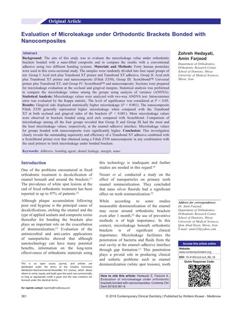 Pdf Evaluation Of Microleakage Under Orthodontic Brackets Bonded With Nanocomposites