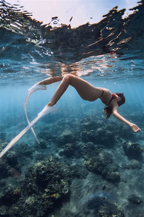 Woman In Bikini With Swims Underwater Woman With Beautiful Figure In