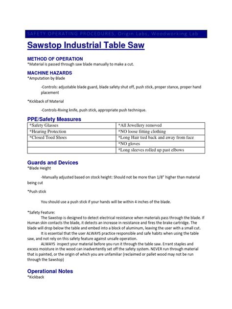 Safety Operating Procedures Sawstop Table Saw Pdf Equipment Manufactured Goods