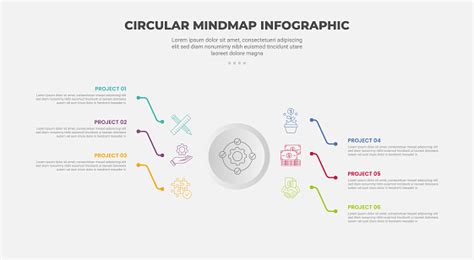 원형 마인드 맵 인포 그래픽 개요 스타일 슬라이드 프리젠 테이션을위한 큰 원과 부드러운 선 점 연결이있는 6 포인트 템플릿 0명에 대한 스톡 벡터 아트 및 기타 이미지