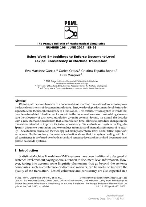 Pdf Using Word Embeddings To Enforce Document Level Lexical Consistency In Machine Translation