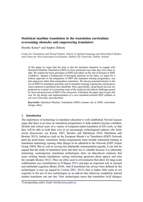 Pdf Statistical Machine Translation In The Translation Curriculum Overcoming Obstacles And