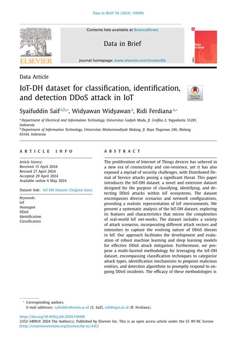 Pdf Iot Dh Dataset For Classification Identification And Detection