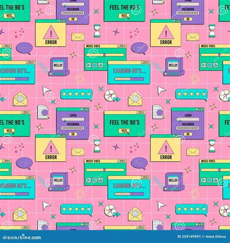 Vaporwave Ui And Ux Elements Seamless Pattern Pc Retro Game Frame Nostalgic Style 70s 80s