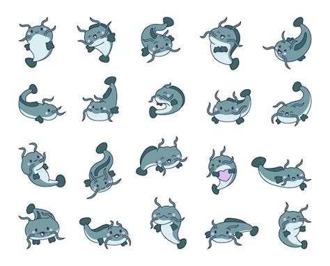 귀여운 카와이 고양이가 다양한 포즈로 프리미엄 벡터