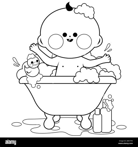 Bébé Dans Une Baignoire Prenant Un Bain Page De Livre De Coloriage Noir Et Blanc Photo Stock