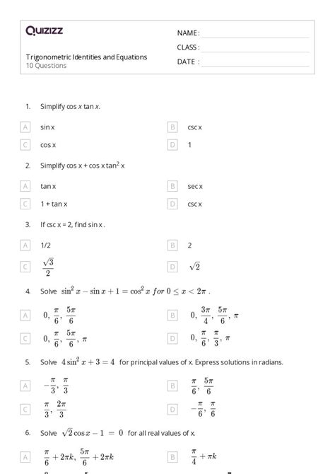 50 Trigonometric Identities Worksheets For 10th Class On Quizizz Free And Printable