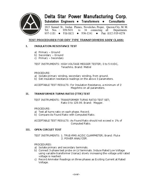 Testing Procedures Of Delta Star Dry Type Transformers Pdf