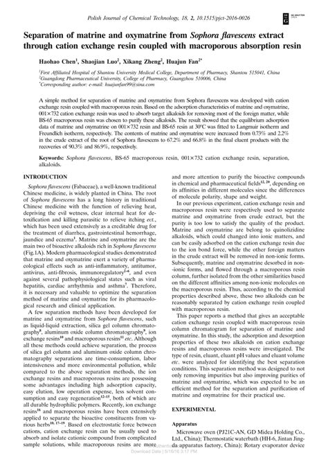 Pdf Separation Of Matrine And Oxymatrine From Sophora Flavescens Extract Through Cation