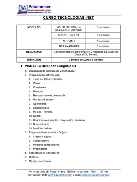 Contenido Cur TecnologÍa Net R2 Pdf C Sharp Lenguaje De