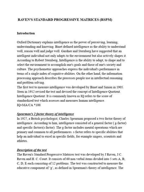 Ravens Standard Progressive Matrices Rspm Pdf Intelligence