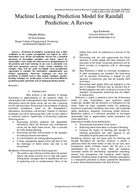 pdf machine learning prediction model for rainfall prediction a review