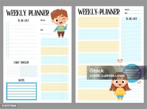 어린이 플래너 주간 주최자 할 일 목록 메모 및 귀여운 만화 공정한 피부 소년과 소녀와 습관 추적기 인쇄 디자인 장식 문구류를