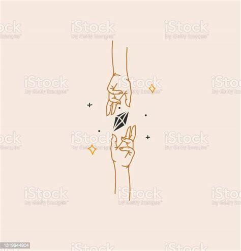 손으로 그린 벡터 추상 스톡 플랫 그래픽 일러스트와 로고 요소 인간의 손에 크리스탈 보석 돌의 보헤미안 마법 예술과 브랜딩을위한 간단한 스타일의 별 색상 배경에 고립 하트
