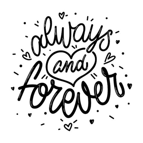 항상 그리고 영원히 발렌타인 데이 디자인 포스터 인사말 카드 사진 앨범 배너 서예 벡터 일러스트 레이 션에 대한 사랑에 대한 손으로 쓴 글자 흰색 배경에 격리 됨 프리미엄 벡터
