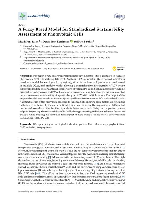 Pdf A Fuzzy Based Model For Standardized Sustainability Assessment Of Photovoltaic Cells