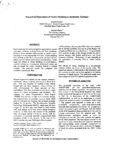 Pdf Numerical Simulations Of Vortex Shedding In Hydraulic Turbines