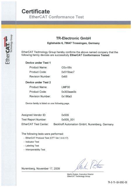 Certificate EtherCAT Conformance Test TR Electronic