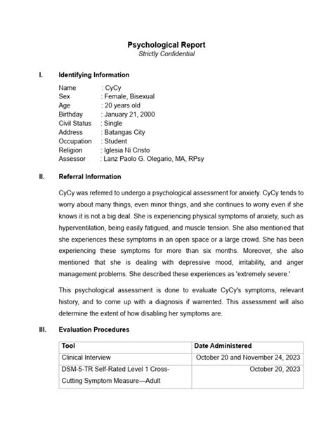 Psychological Report Example Pdf Anxiety Mental Disorder