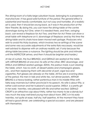 An Inspector Calls Act One Stage Directions By Vibrantenglishresources Teaching Resources