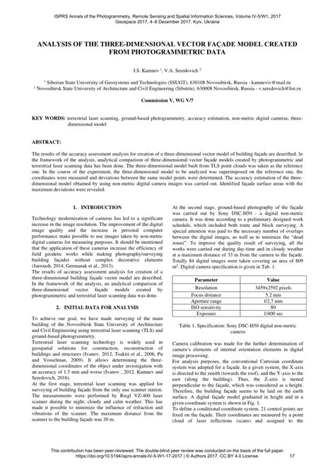 PDF ANALYSIS OF THE THREE DIMENSIONAL VECTOR FAÇADE MODEL CREATED FROM PHOTOGRAMMETRIC DATA