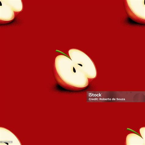빨간 배경이 있는 균일한 반복 패턴을 매끄럽게 만드는 프린트로 그려진 사과의 과일 그림 과일에 대한 스톡 벡터 아트 및 기타 이미지 과일 구도 꼬아 잇기 Istock