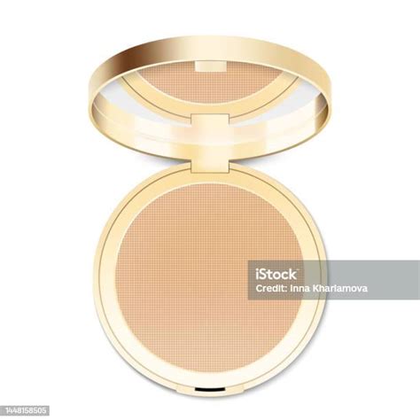 거울이 있는 라운드 골드 케이스의 컴팩트한 파우더 쿠션 페이스 파운데이션 케이스 흰색 배경에 격리된 3d 벡터 현실적인 화장품 브랜딩 및 광고를위한 모형 열린 플라스틱