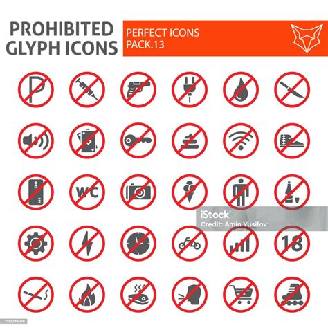 금지 된 글리프 아이콘 세트 경고 기호 컬렉션 벡터 스케치 로고 일러스트 금지 표지판 흰색 배경에 고립 된 단색 픽토그램 패키지