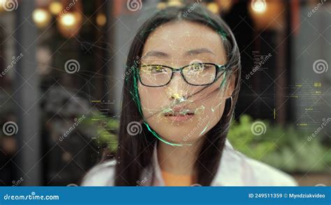 Asian Female Scanning Of Face Features Futuristic 3d Identificating