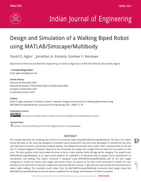 Pdf Design And Simulation Of A Walking Biped Robot Using Matlab