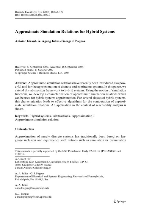 Pdf Approximate Simulation Relations For Hybrid Systems