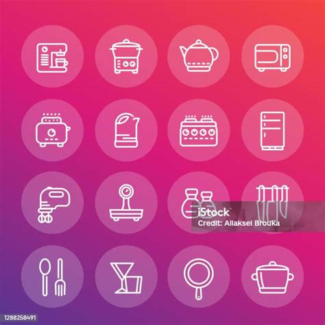 주방 라인 아이콘 세트 요리 관련 개체 기구 식기 도구 Flatware 조리기구 팬 주전자 칼 가정 생활에 대한 스톡 벡터 아트