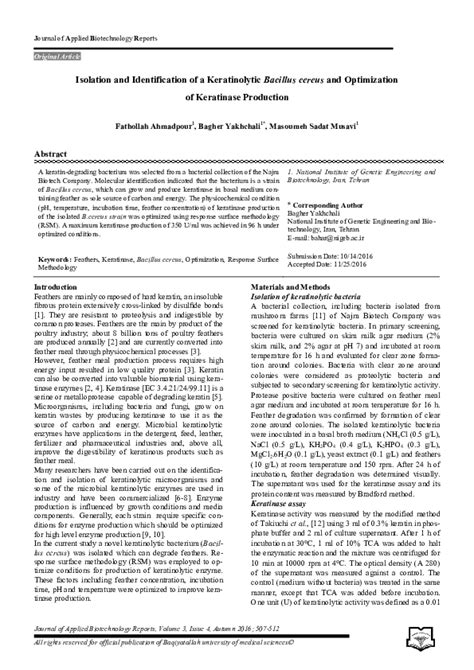 Pdf Isolation And Identification Of A Keratinolytic Bacillus Cereus And Optimization Of