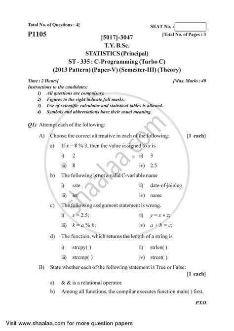 C Programming Turbo C 2016 2017 Bsc Statistics Semester 5 Tybsc 2013 Pattern Question Paper