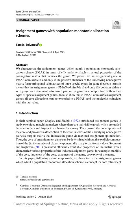 Pdf Assignment Games With Population Monotonic Allocation Schemes