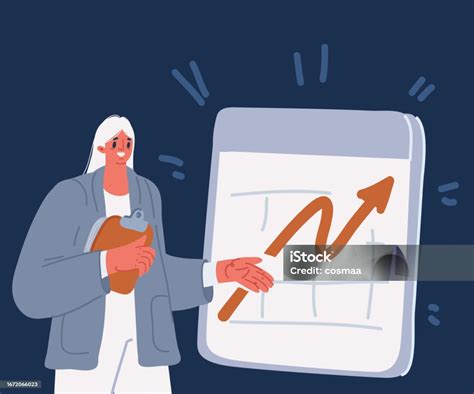 성공적인 사업가 프리젠테이션의 벡터 그림 금융 위기에서 벗어나는 길 성장하는 차트 옆에 있는 소녀 사업 목표 달성 새로운 사업 계획 차트를 작성하십시오 가리키기에 대한 스톡