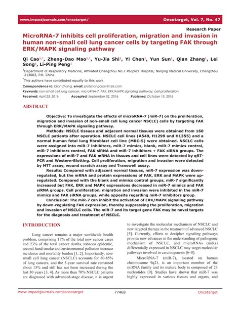 Pdf Microrna 7 Inhibits Cell Proliferation Migration And Invasion In