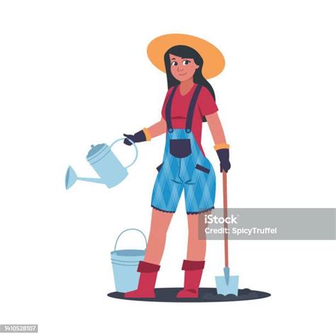 농업 작업 현장에서 일하는 만화 여성 농부 캐릭터 삽과 양동이를 가진 여성 물을 깡통을 가진 소녀 정원 장비 서있는 농장 노동자 벡터 일러스트 레이 션 벡터에 대한 스톡