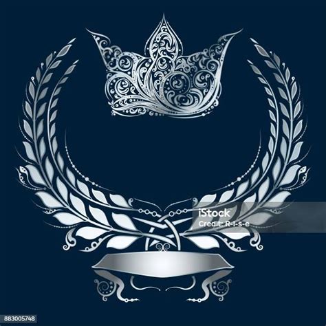 빈티지 실버 배너 또는 로얄 크라운와 월계관 리본 엠 블 럼 Championship에 대한 스톡 벡터 아트 및 기타 이미지 Championship 검정색 배경 고전