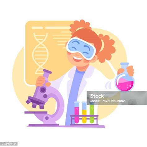 귀여운 소녀 에 실험실 와 플라스크 와 현미경 행위 실험 벡터 일러스트 과학자에 대한 스톡 벡터 아트 및 기타 이미지 Istock