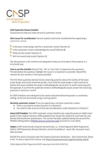 Casp Systematic Review Checklist Gamaliel C Udocz