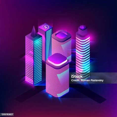 스마트 아이소메트릭 빌딩 고층 빌딩 첨단 기술 도시 네온 스타일의 네트워크 컴퓨터 연결 건물 테크놀로지에 대한 스톡 벡터 아트 및 기타 이미지 Istock