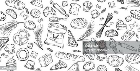 베이커리 배경입니다 수평 손으로 그린 스케치 빵 과자 달콤한 베이커리 세트 벡터 일러스트 레이 션 벡터 일러스트 레이 션 곡초류에 대한 스톡 벡터 아트 및 기타 이미지