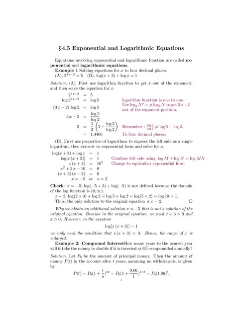 Exponential And Logarithmic Equations Notes Math 1b Docsity