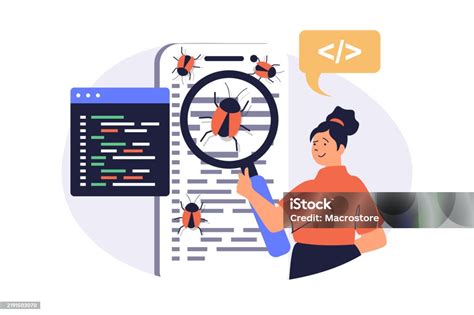 웹 사이트 디자인을위한 평면 만화 사람들과 함께 웹 개념을 테스트하는 소프트웨어 돋보기를 가진 여자 소프트웨어 오류를 찾고